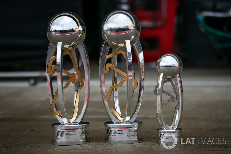 The Trophies of race winner Lewis Hamilton, Mercedes AMG F1 at British GP